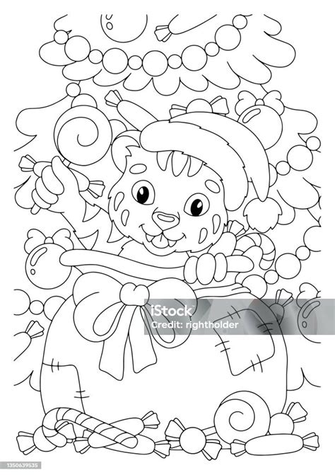 호랑이는 선물과 과자를 곁들인 가방으로 올해의 상징입니다 아이들을위한 색칠 공부 책 페이지 만화 스타일의 캐릭터 흰색 배경에서 격리된 벡터 그림입니다 겨울에 대한 스톡 벡터