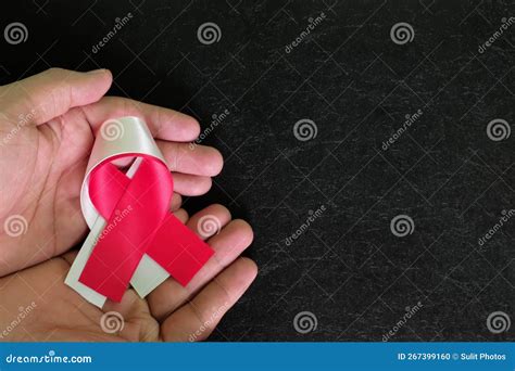 Human Hands Holding Red Or Burgundy And White Ribbon Color On Dark