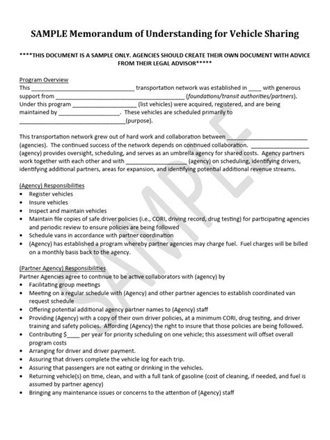 Sample Mou For Vehicle Sharing Pdf Vehicles Transport