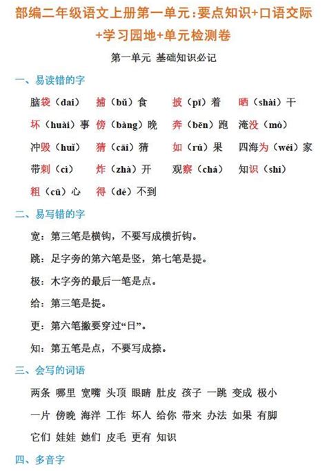 二年級語文上冊第一單元：口語交際學習園地單元檢測 每日頭條