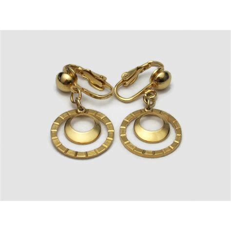 Vintage Gold Tone Hoop Dangle Clip On Earrings Double Gold Rings Drop