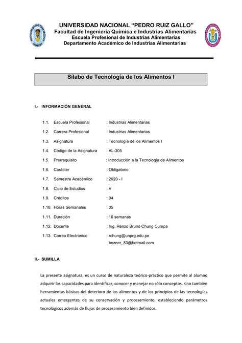 SILABO TECNOLOGÍA DE ALIMENTOS I