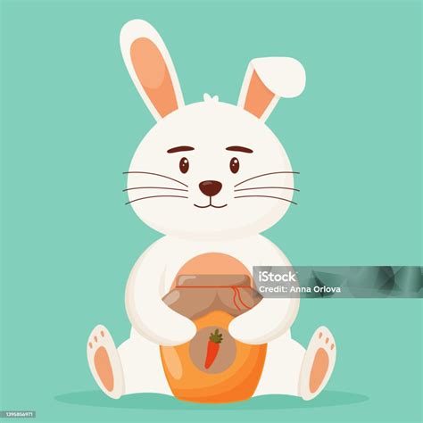 당근 잼 항아리가있는 귀여운 토끼 플랫 벡터 일러스트 레이 션 건강한 생활방식에 대한 스톡 벡터 아트 및 기타 이미지 건강한