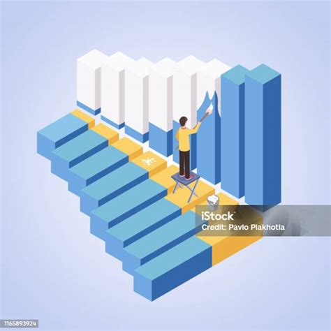사업가 그림 히스토그램 바 등각 투영 그림입니다 사무실 노동자 금융가 페인트 브러시 3d 만화 캐릭터를 들고 의자에 서있는 화가