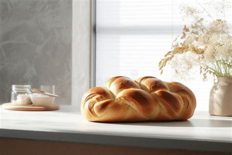 Braided Bread With Crispy Brown Crust In Light Kitchen Interior Stock