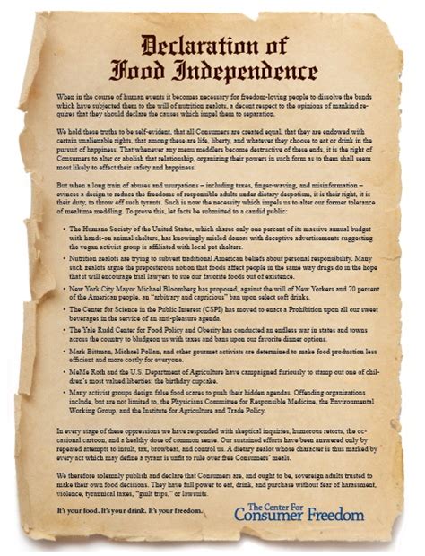 A Declaration Of Food Independence Center For Consumer Freedom Center For Consumer Freedom