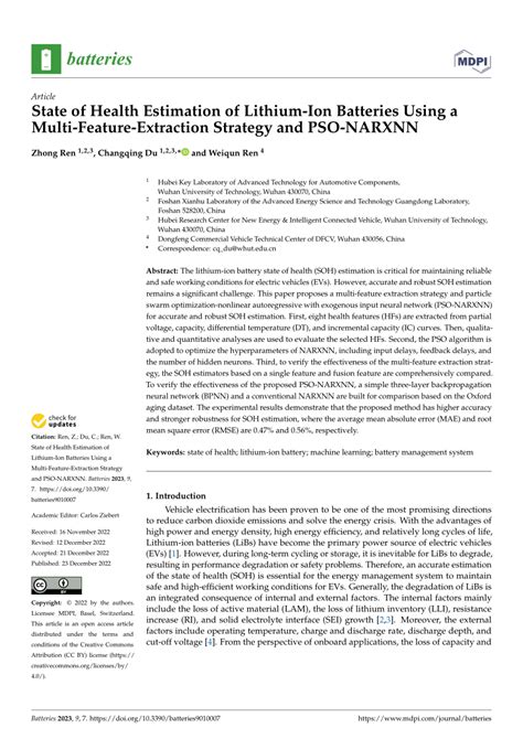 Pdf State Of Health Estimation Of Lithium Ion Batteries Using A Multi