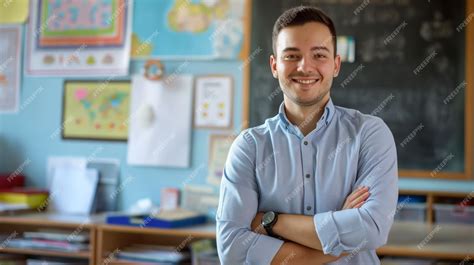 Confident Young Polish Male Teacher In Classroom Smiling In Front Of