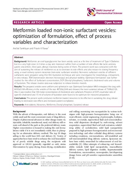 Pdf Metformin Loaded Non Ionic Surfactant Vesicles Optimization Of Formulation Effect Of