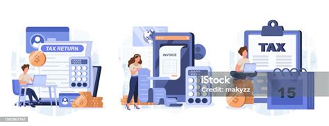 장면의 세금 선언 컬렉션 세금 계산을 위한 문서를 준비하고 소득세 신고를 하고 사업 인보이스를 계산하는 문자 과세 개념 벡터
