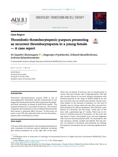 Pdf Thrombotic Thrombocytopenic Purpura Presenting As Recurrent