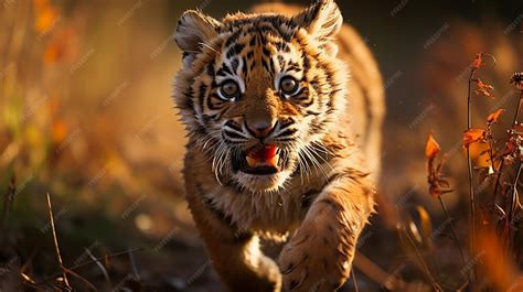 Premium Ai Image Playful Tiger Cub Pouncing