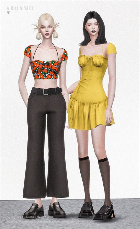 Square Neck Ruched Mini Dressandtop Charonlee Sims Feminine Outfit