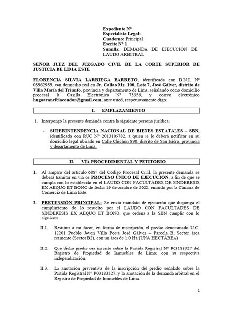 Demanda De Ejecucion De Laudo Pdf Arbitraje Demanda Judicial