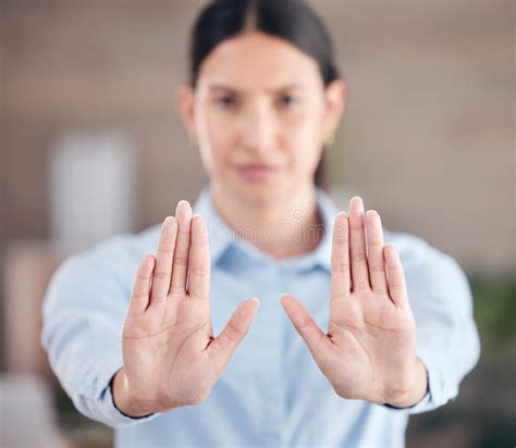Closeup Of Females Hands Showing Stop Business Woman Holding Out Her