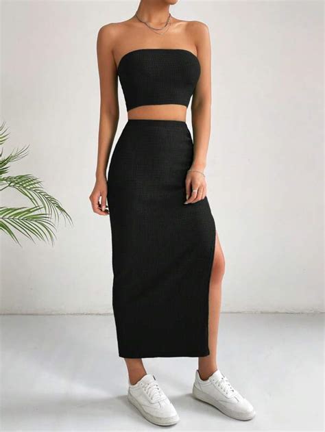 Shein Solid Tube Top And Split Thigh Skirt Shein Usa