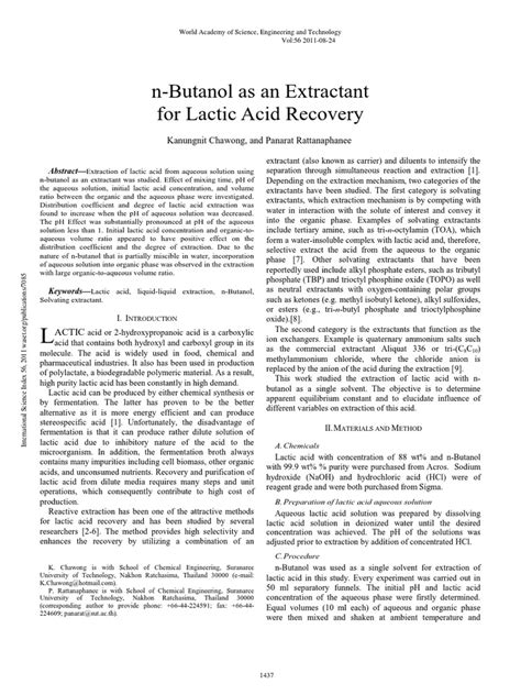 N Butanol As An Extractant For Lactic Acid Recovery Pdf Pdf Acid Solvation