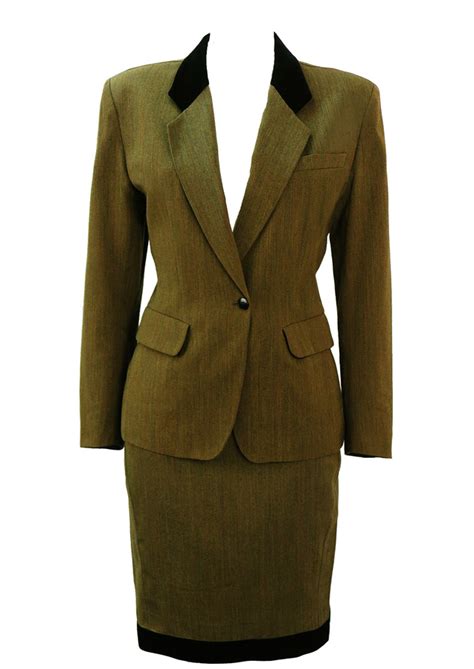Kenzo Two Piece Jacket And Skirt Suit In Mottled Green With Black Velvet