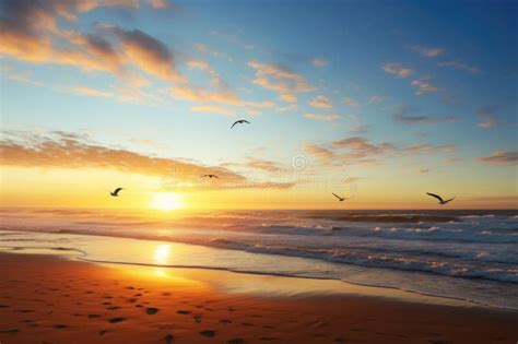 Ai Generated Illustration Of Birds Soaring Against A Golden Orange