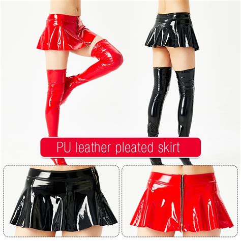 Women Sexy Ultra Short Mini Pleated Skirt Wet Look Pu Miniskirt Zipper Open Oil Shiny Club