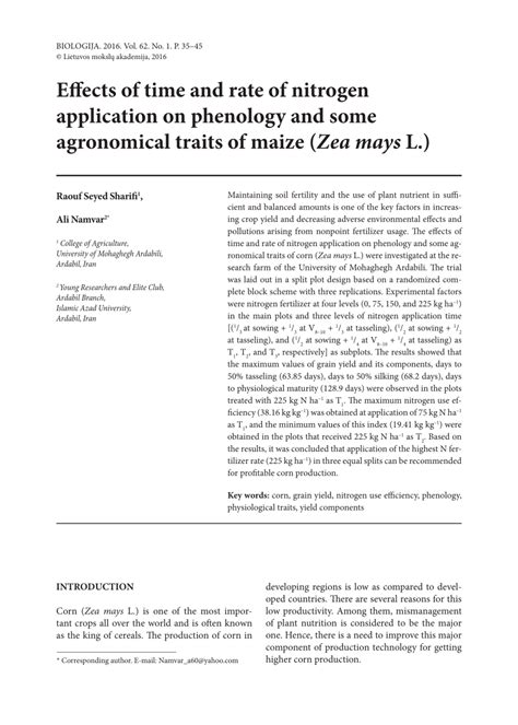 Pdf Effects Of Time And Rate Of Nitrogen Application On Phenology And Some Agronomical Traits