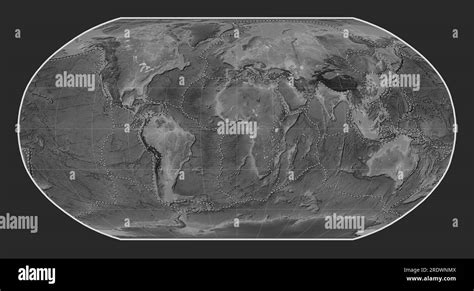 Tectonic Plate Boundaries On The World Grayscale Elevation Map In The Robinson Projection