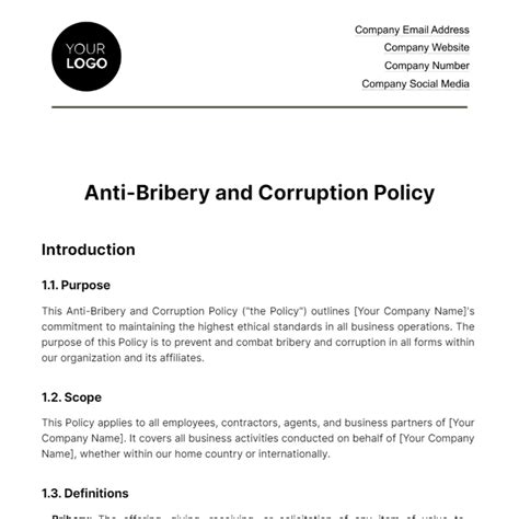 Free Anti Bribery And Corruption Policy Hr Template To Edit Online