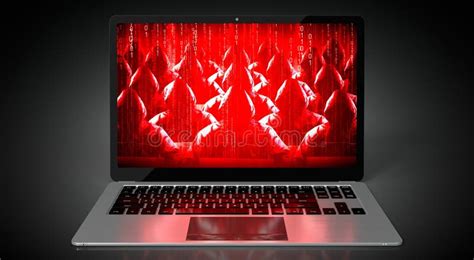 Anonymous Hooded Hackers On Laptop Screen Cyber Attack Concept Stock Illustration