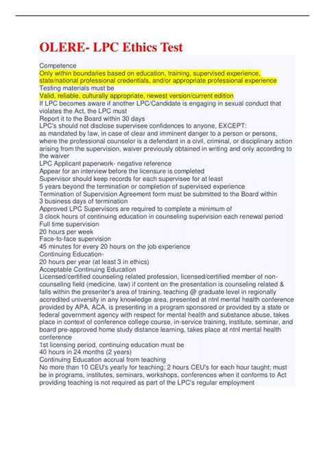 Olere Lpc Ethics Test Questions And Answers 2024 Olere Stuvia Us