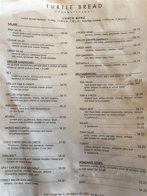 Turtle Bread Company Menu In Minneapolis Minnesota Usa