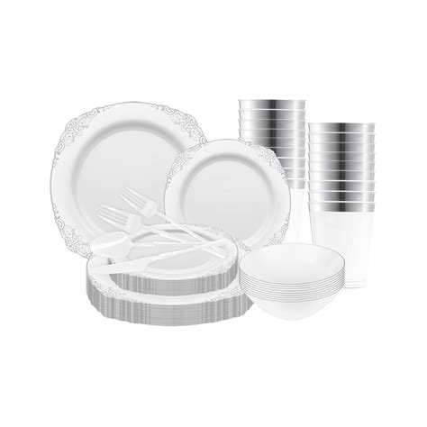 Tableware Set White Silver Fancy Plastic Dinnerware Smarty Had A Party