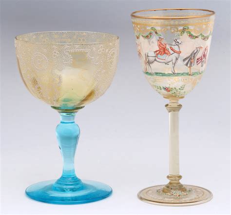 519 Two Interesting Enameled Art Glass Wine Goblets