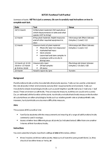 Class Instructions For Functional Trait Practical Bot251 1 Bot251 Functional Trait Practical