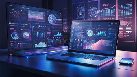 Modern Office Setup Laptop His Surrounding Holographic Digital Screen Wall And Screen Showing