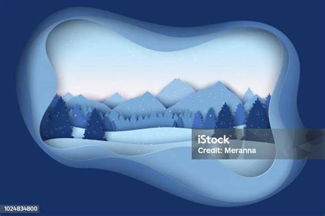 겨울 풍경과 종이 크리스마스 엽서 소나무 산 언덕 눈송이 현대 종이 아트 스타일 배경 계층 벡터 일러스트 레이 션 12월에 대한