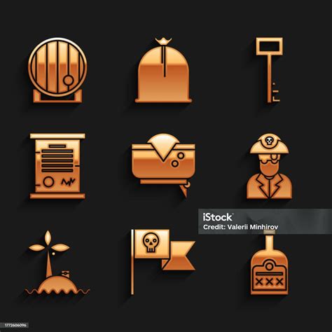 세트 해적 모자 해골 깃발 알코올 음료 럼 병 선장 열대 섬 바다 법령 양피지 스크롤 열쇠 및 나무 배럴 아이콘 벡터 목재 재료에 대한 스톡 벡터 아트 및 기타 이미지