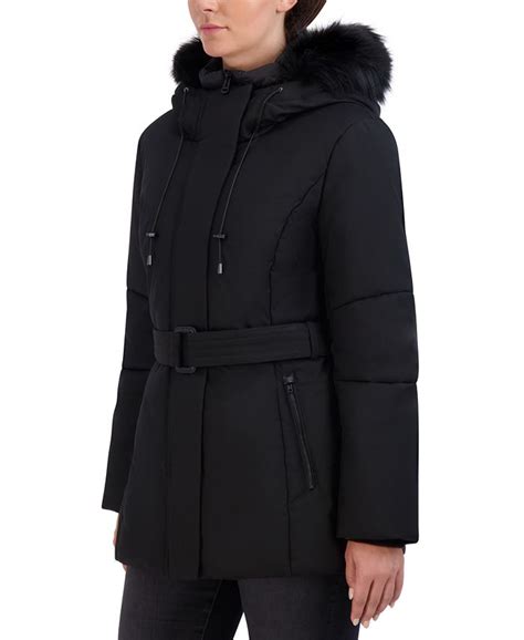 Cole Haan Womens Belted Faux Fur Trim Hooded Puffer Coat Macys
