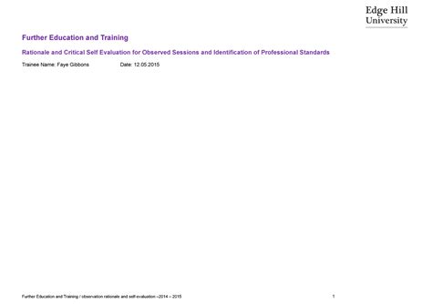 Rationale And Critical Self Evaluation Further Education And Training