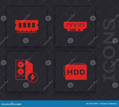 Set Hard Disk Drive HDD RAM Random Access Memory And Case Of Computer Icon Vector Stock