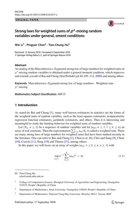PDF Strong Laws For Weighted Sums Of Rho Mixing Random Variables Under General Oment