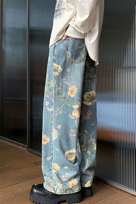 Kittenalarm High Waist Floral Pattern Long Men Jeans Pants Clothes