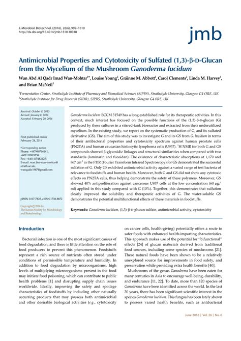 Pdf Antimicrobial Properties And Cytotoxicity Of Sulfated 13 B D Glucan From The Mycelium