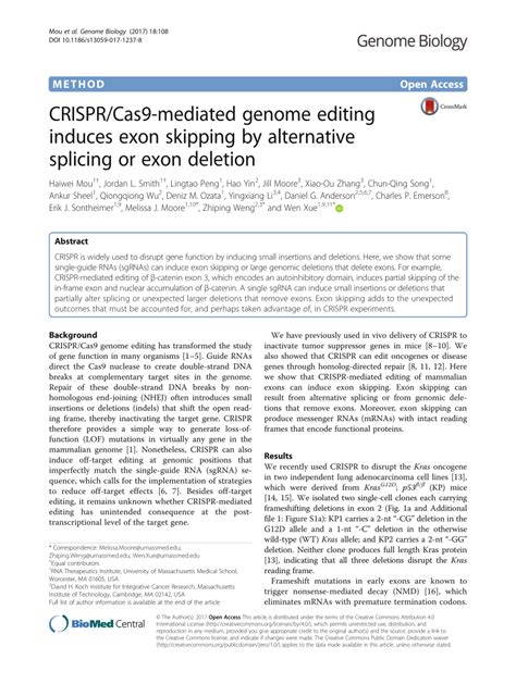 Pdf Crisprcas9 Mediated Genome Editing Induces Exon Skipping By