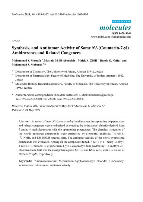 Pdf Synthesis And Antitumor Activity Of Some N1 Coumarin 7 Yl