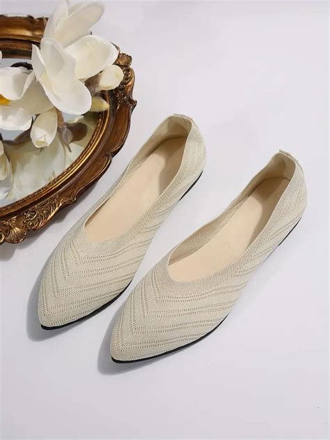 Womens Pointed Toe Flat Shoes Solid Color Knitted Slip Regionname