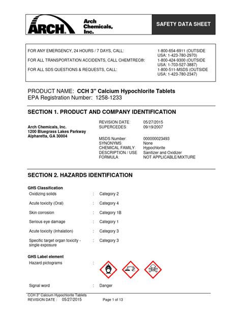 Arch 3 Calcium Hypochlorite Tablets Sds Pdf Toxicity Fires