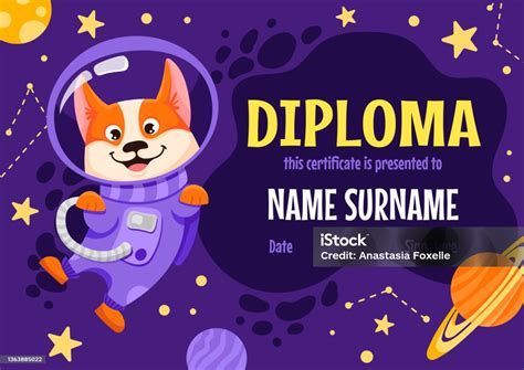 행성 별 로켓 달이 있는 열린 공간에서 귀여운 개 우주비행사와 함께 유치원과 초등학교의 어린이 또는 어린이를 위한 졸업장 증서 벡터 만화 평면 일러스트레이션 0명에 대한