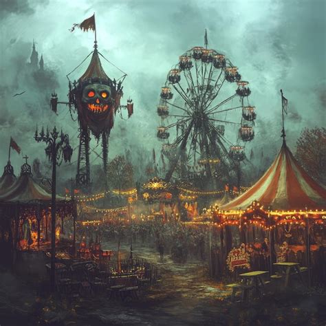 A Spooky Carnival With A Skullfaced Ride Ferris Wheel And Haunted Tents