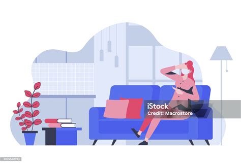 웹을 위한 평면 디자인의 만화 사람들과 함께 집에 머물러보세요 아픈 증상이 있는 의료용 마스크를 쓴 여성이 격리실에 머물고