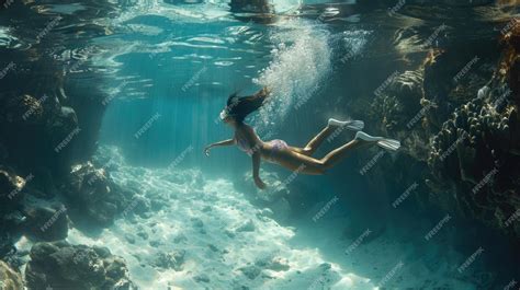 A Woman Swims Underwater Wearing A Bikini Great For Aquatic Or